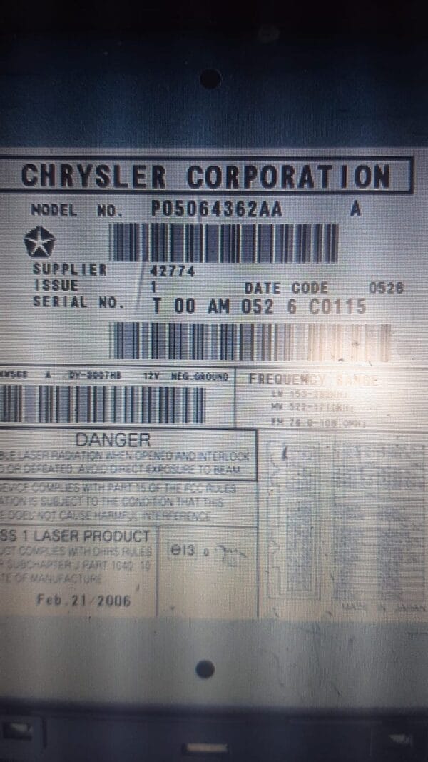 Code Autoradio Chrysler Code Poste Code Pin Code 0154